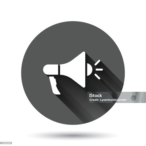 평면 스타일의 메가폰 스피커 아이콘 긴 그림자 효과와 검은 둥근 배경에 불혼 기호 벡터 그림 비명 발표 서클 버튼 비즈니스 개념 검은색에 대한 스톡 벡터 아트 및 기타