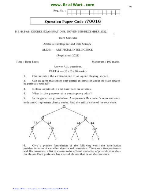 Artificial Intelligence Al3391 2021 Regulation Question Paper 2022 Nov Dec Pdf Applied