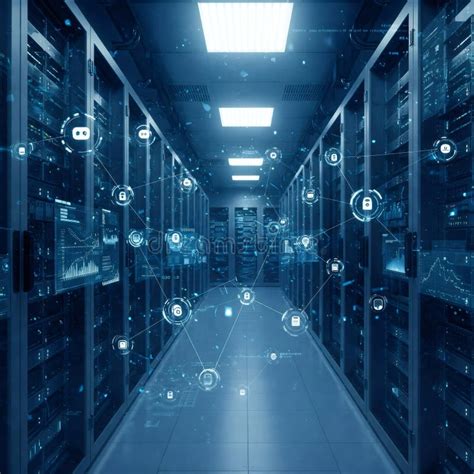 Network Security Protecting Data Center Servers With Futuristic Hud Interface Stock Illustration