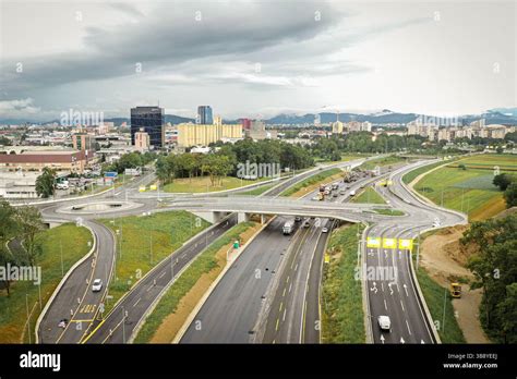 Newly Created Highway Overpass Roundabout And Highway Ramps Aerial