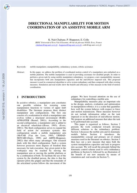 Pdf Directional Manipulability For Motion Coordination Of An Assistive Mobile Arm
