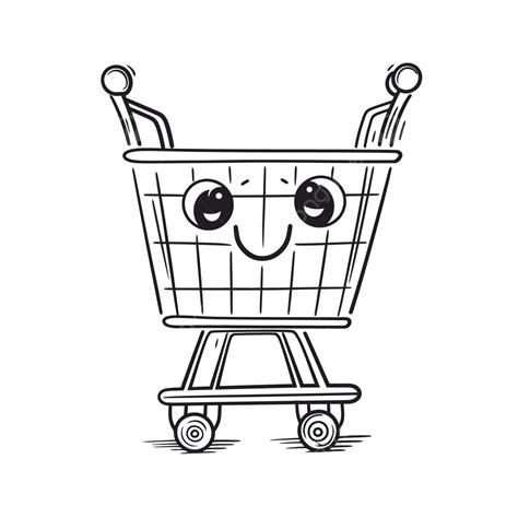 행복한 얼굴 아웃라인 스케치 드로잉이 있는 쇼핑 카트를 쉽게 색칠할 수 있습니다 벡터 장바구니 그리기 장바구니 개요 장바구니 스케치 Png 일러스트 및 벡터 에 대한