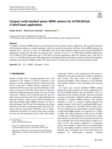 Compact Multi Standard Planar Mimo Antenna For Iot Wlan Sub 6 Ghz X Band Applications Request Pdf