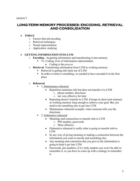 Long Term Memory Encoding Retrieval Consolidation