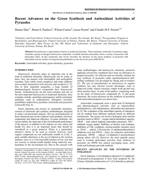 Pdf Cheminform Abstract Recent Advances On The Green Synthesis And Antioxidant Activities Of