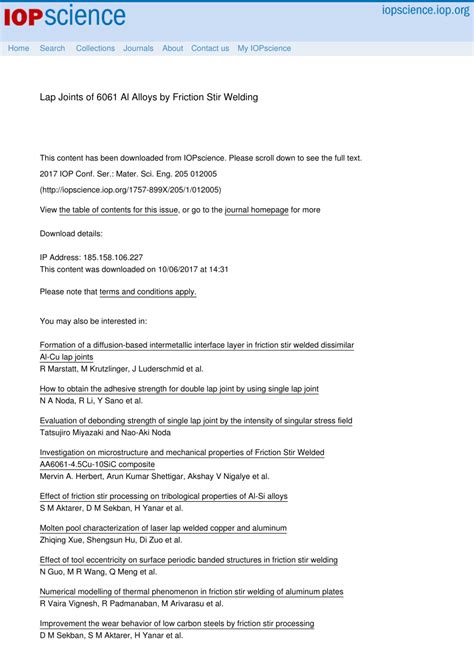 Pdf Lap Joints Of 6061 Al Alloys By Friction Stir Welding