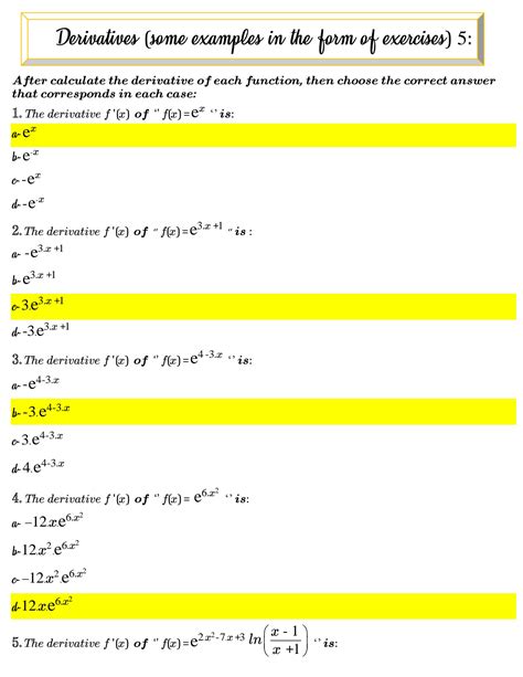 Solution Derivatives Some Examples Of Exercises Natural Exponential
