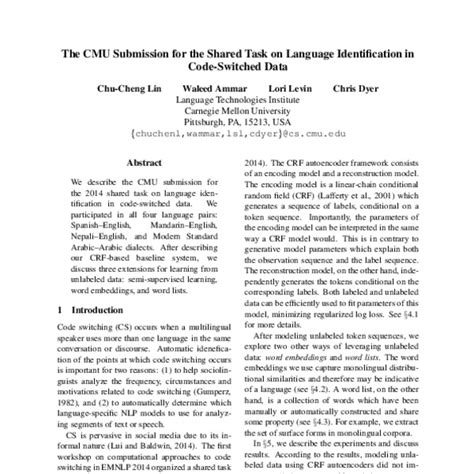 The Cmu Submission For The Shared Task On Language Identification In Code Switched Data Acl