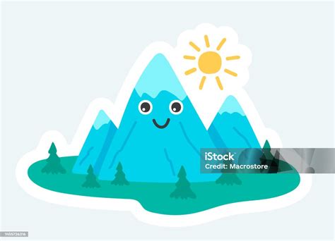 웃는 얼굴의 귀여운 산들 봄과 여름의 자연 만화 스티커 디자인의 벡터 그림 감정에 대한 스톡 벡터 아트 및 기타 이미지 감정 귀여운 도시를 벗어난 장면 Istock