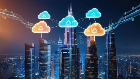 futuristic city skyline featuring digital clouds connected by lines