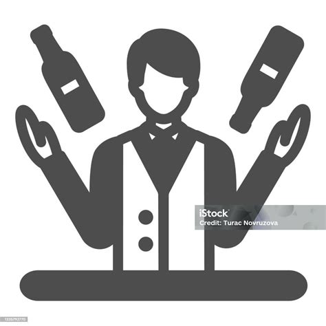 바텐더 저글링 병 작업 솔리드 아이콘의 바키퍼 바 컨셉 흰색 배경에 바맨 저글러 벡터 사인 모바일 컨셉 및 웹 디자인을위한 글리프 스타일 아이콘 벡터 그래픽 10에 대한