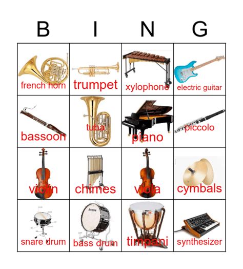 Instruments Wind String Percussion Electronic Bingo Card