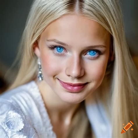 Young Swedish Blonde Woman In Traditional Folk Dress Smiling In High