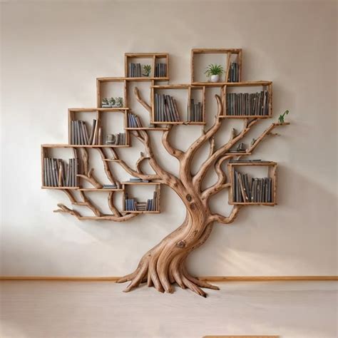Tree Bookshelf Floating Book Shelf Bookcase Solid Wood Hanging Shelves Unique Decor For Living