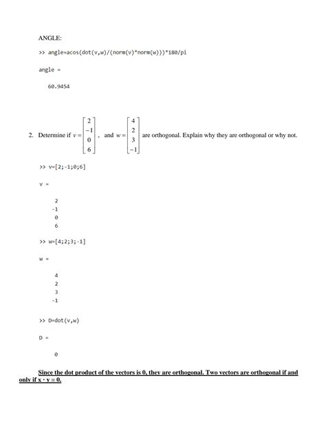 Solution Matlab Activity Dot Product Orthogonal In Matlab Studypool