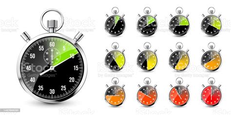 현실적인 클래식 스톱워치 샤이니 메탈 크로노미터 다이얼이 있는 타임 카운터 분과 초를 보여주는 다채로운 카운트 다운 타이머 스포츠 시작 및 종료에 대한 시간 측정 벡터 그림