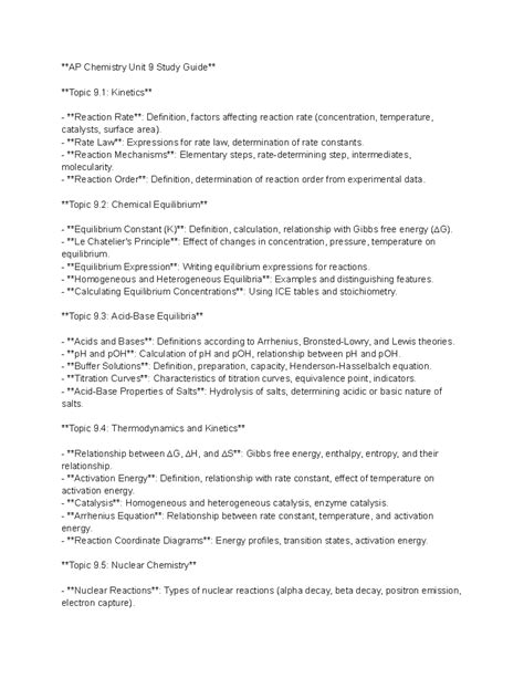 AP Chemistry Unit 9 Study Guide AP Chemistry Unit 9 Study Guide Topic 9 Kinetics Reaction