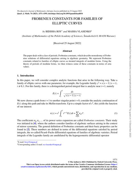 PDF Frobenius Constants For Families Of Elliptic Curves
