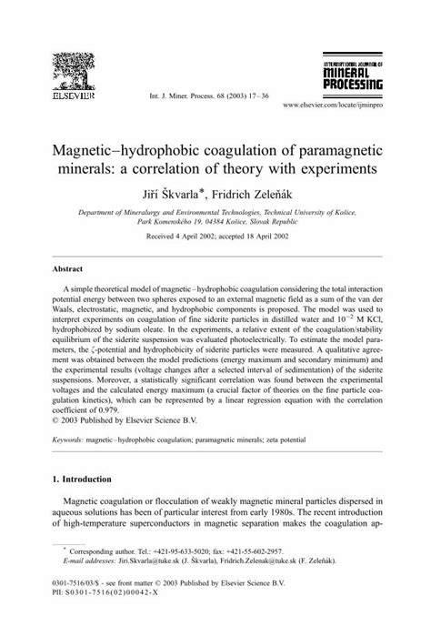 Pdf Magnetichydrophobic Coagulation Of Paramagnetic Minerals A
