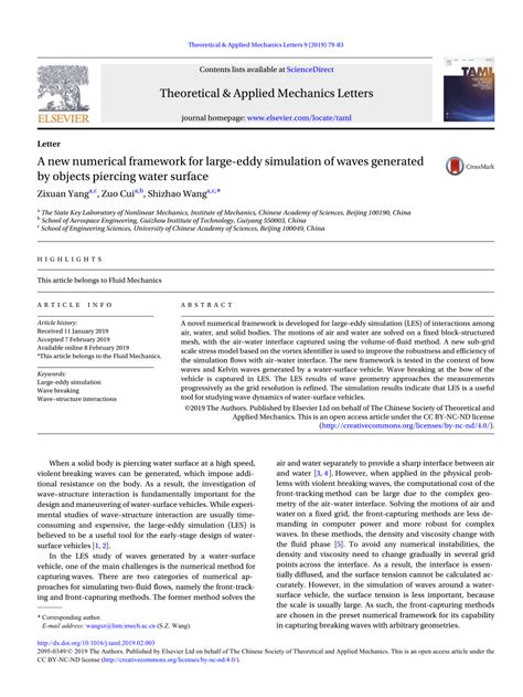 Pdf A New Numerical Framework For Large Eddy Simulation Of Waves Generated By Objects Piercing