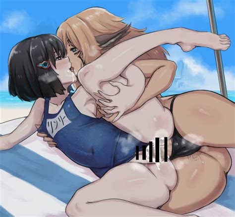 Rule 34 1futa 1girls Absurdres Bar Censor Beach Beach Towel Bikini Black Bikini Blue One Piece