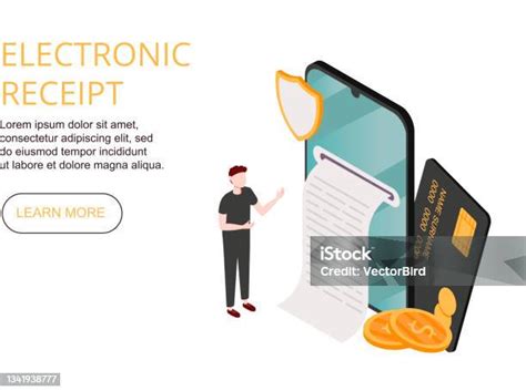 스마트 폰에 누워 종이 송장을보고 남자와 방문 페이지 템플릿 온라인 모바일 애플리케이션을 통해 전송된 전자 영수증의 개념 웹 페이지에 대한 최신 등대 벡터 그림입니다 종이