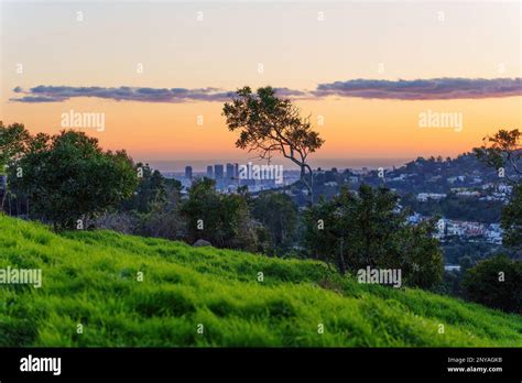 Breathtaking Beauty Of Los Angeles At Sunset Viewed From A Hilltop Location City Skyline And