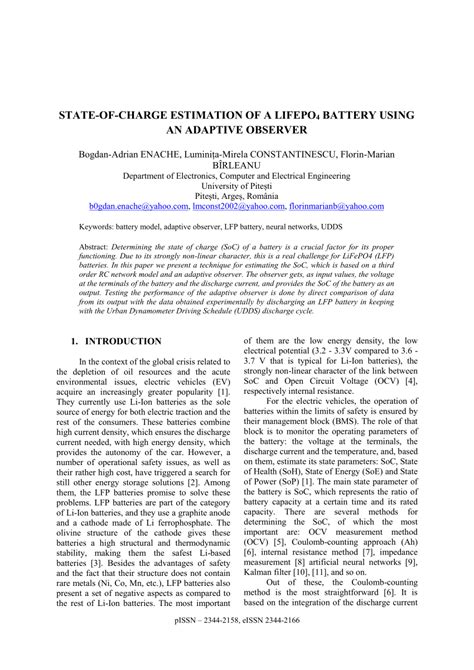 Pdf State Of Charge Estimation Of A Lifepo4 Battery Using An Adaptive