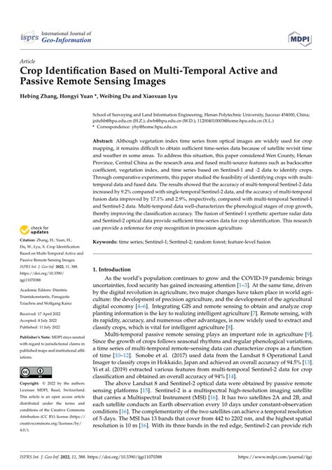 Pdf Crop Identification Based On Multi Temporal Active And Passive Remote Sensing Images