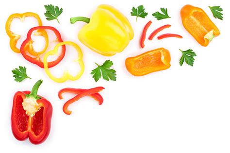 노란색 오렌지와 빨간색 달콤한 피망 흰색 배경에 고립 텍스트에 대 한 복사 공간 평면도 플랫 레이 0명에 대한 스톡 사진 및 기타 이미지 Istock