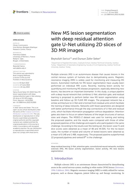 Pdf New Ms Lesion Segmentation With Deep Residual Attention Gate U Net Utilizing 2d Slices Of