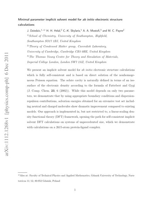 Pdf Minimal Parameter Implicit Solvent Model For Ab Initio Electronic