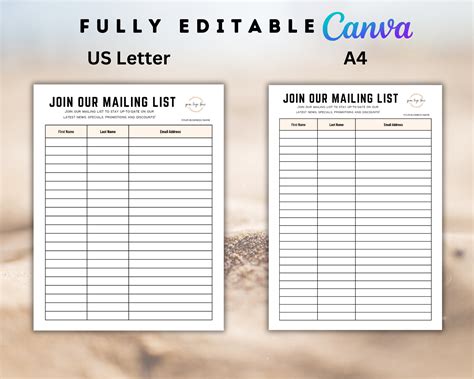 Editable Mailing List Template Esthetician Email Address List Sign Up Sheet Spa Beauty