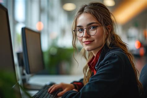 Premium Photo Young Woman Working In The Office With Computer Premium Photo Young Woman Working In The Office With Computer