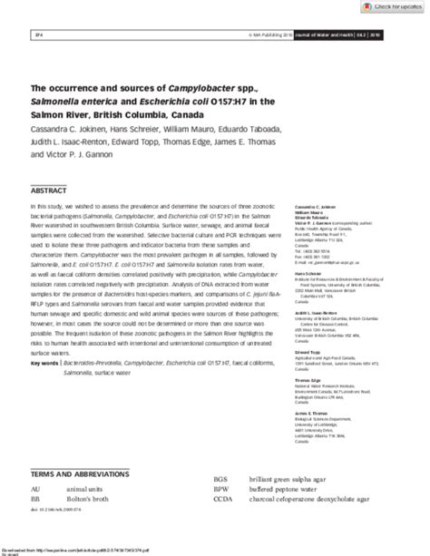 Pdf The Occurrence And Sources Of Campylobacter Spp Salmonellaenterica And Escherichia Coli
