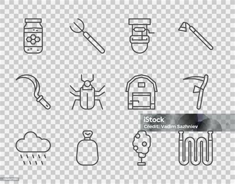 비 정원 호스 잘 양동이 전체 자루 꿀 항아리 곤충 비행 나무 사과와 낫 아이콘세트 구름을 설정합니다 벡터 가득 찬에 대한 스톡 벡터 아트 및 기타 이미지 Istock
