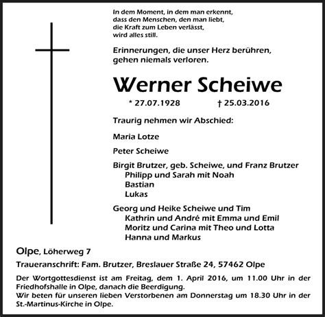 Traueranzeigen Von Werner Scheiwe Trauer In Nrw De