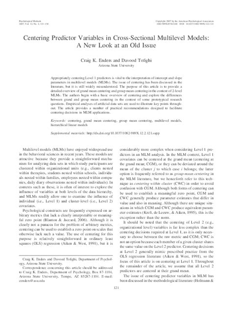 pdf centering predictor variables in cross sectional multilevel