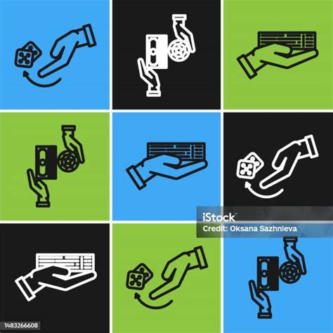 세트 라인 인간의 손 던지기 게임 주사위 카드 놀이 덱을 들고 있는 손 카지노 칩은 달러 아이콘 더미에서 교환합니다 벡터 가능성에 대한 스톡 벡터 아트 및 기타 이미지