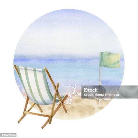 손으로 그린 수채화 구성 해변에 녹색 깃발과 줄무늬 의자가 있는 바다 풍경 흰색 배경에 격리되어 있습니다 벽 예술 결혼식 인쇄