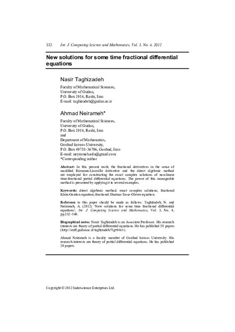 Pdf New Solutions For Some Time Fractional Differential Equations