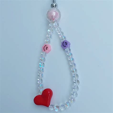비즈 하트 스마일 핸드폰 스트랩 줄 고리 폰스트랩 키링 커플 친구 크리스탈 23 Hk001