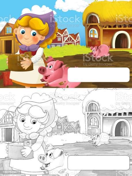 행복한 여자가 농장에서 일하는 만화 장면 아이들을 위한 서서 웃고 있는 삽화 귀여운에 대한 스톡 벡터 아트 및 기타 이미지 귀여운 낮 놀이 Istock