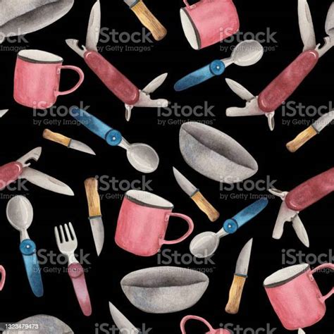 여행자와 관광객을위한 수채화 원활한 패턴 여행 그릇 숟가락 칼 포크와 멀티 도구 다양한 상품의 배경을 채우는 세련된 패턴 날기에 대한 스톡 벡터 아트 및 기타 이미지