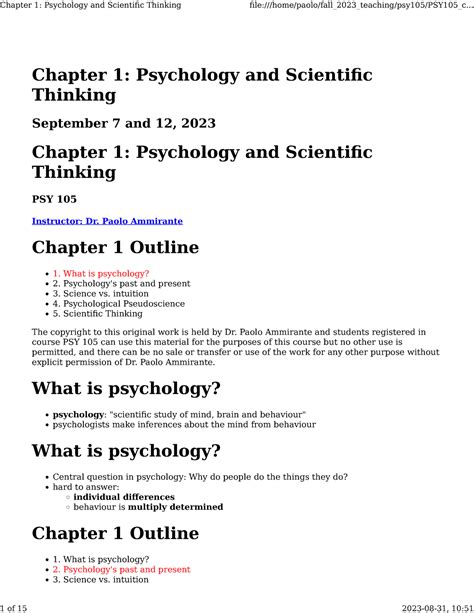 PSY105 Ch1 Notes Chapter 1 Psychology And Scientific Thinking September 7 And 12 2023