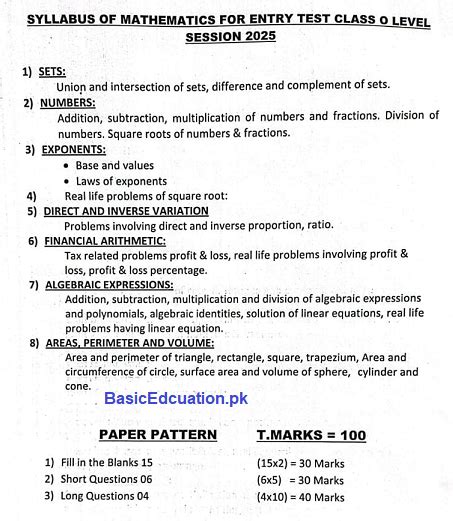 Syllabus Mathematic O Level Session 2025 Cadet College Batrasi Basic Education