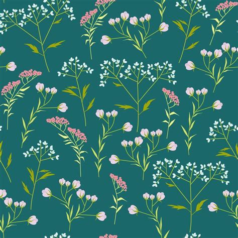 Retro Seamless Pattern Of Small Flowers On Dark Green Background