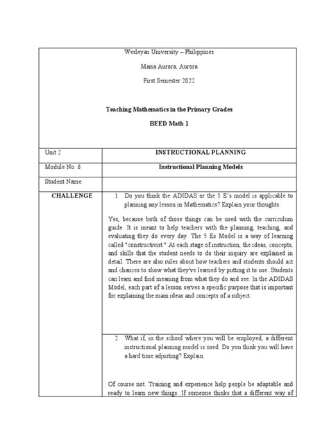 Module Number 6 Instructional Planning Models Pdf Teachers Curriculum