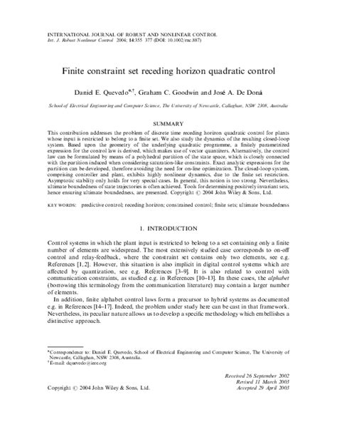 Pdf Finite Constraint Set Receding Horizon Quadratic Control