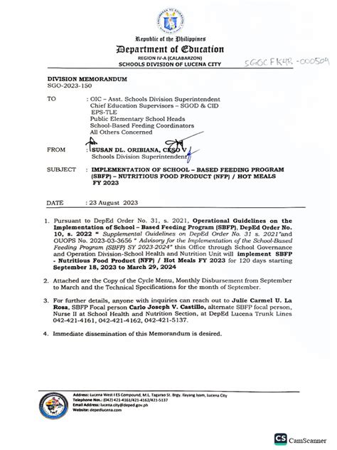 SBFP Division Memorandum Sgo 2023 150 Corrected | PDF
